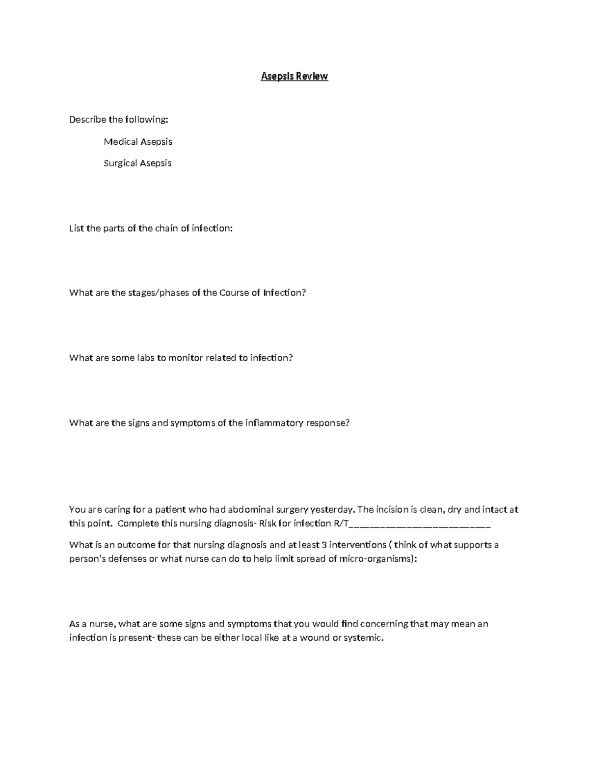 Asepsis Review Worksheet: Key Concepts & Nursing Interventions - Studocu