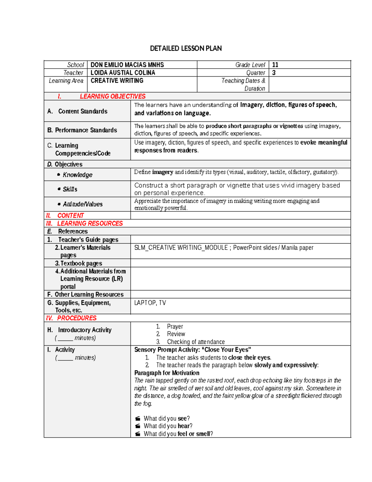 Detailed Lesson Plan: Creative Writing I (Grade 11, Quarter 3) - Studocu