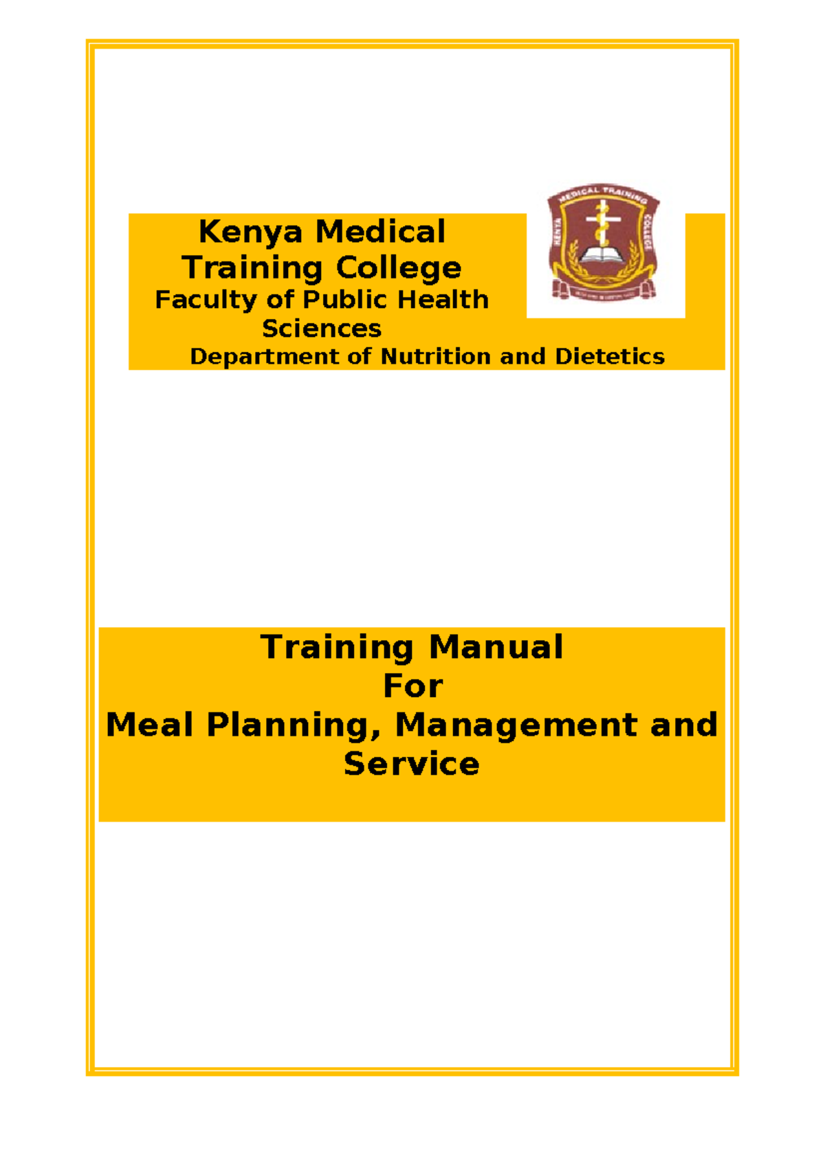 **MEAL Management, Planning & Service Training Manual - KMTC** - Studocu