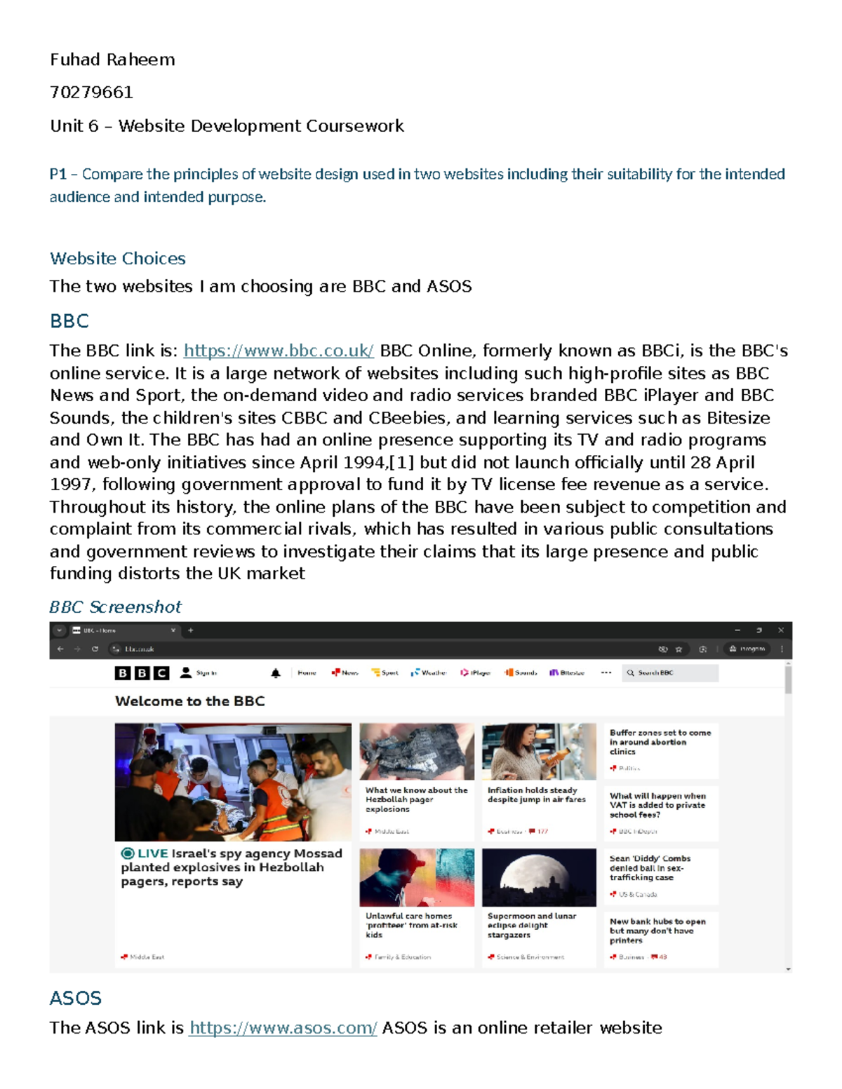 Unit 6 Assignment 1: Comparing Web Design Principles of BBC & ASOS - Studocu
