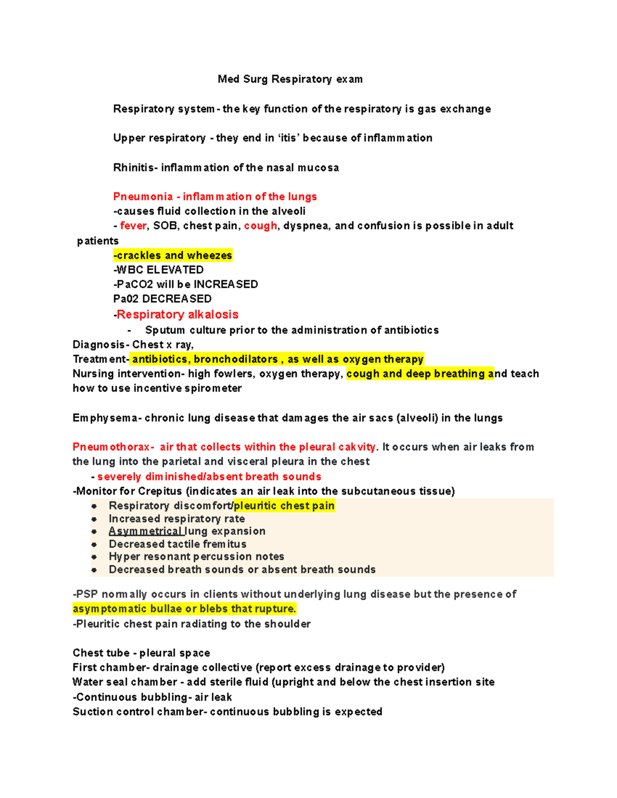 Med Surg Respiratory Exam: Key Concepts and Nursing Interventions - Studocu