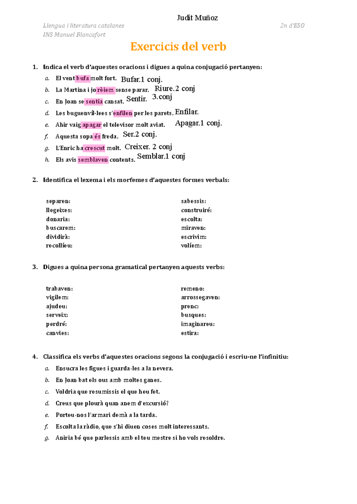 Exercicis del Verb - Llengua i Literatura Catalanes 2n INS Manuel ...