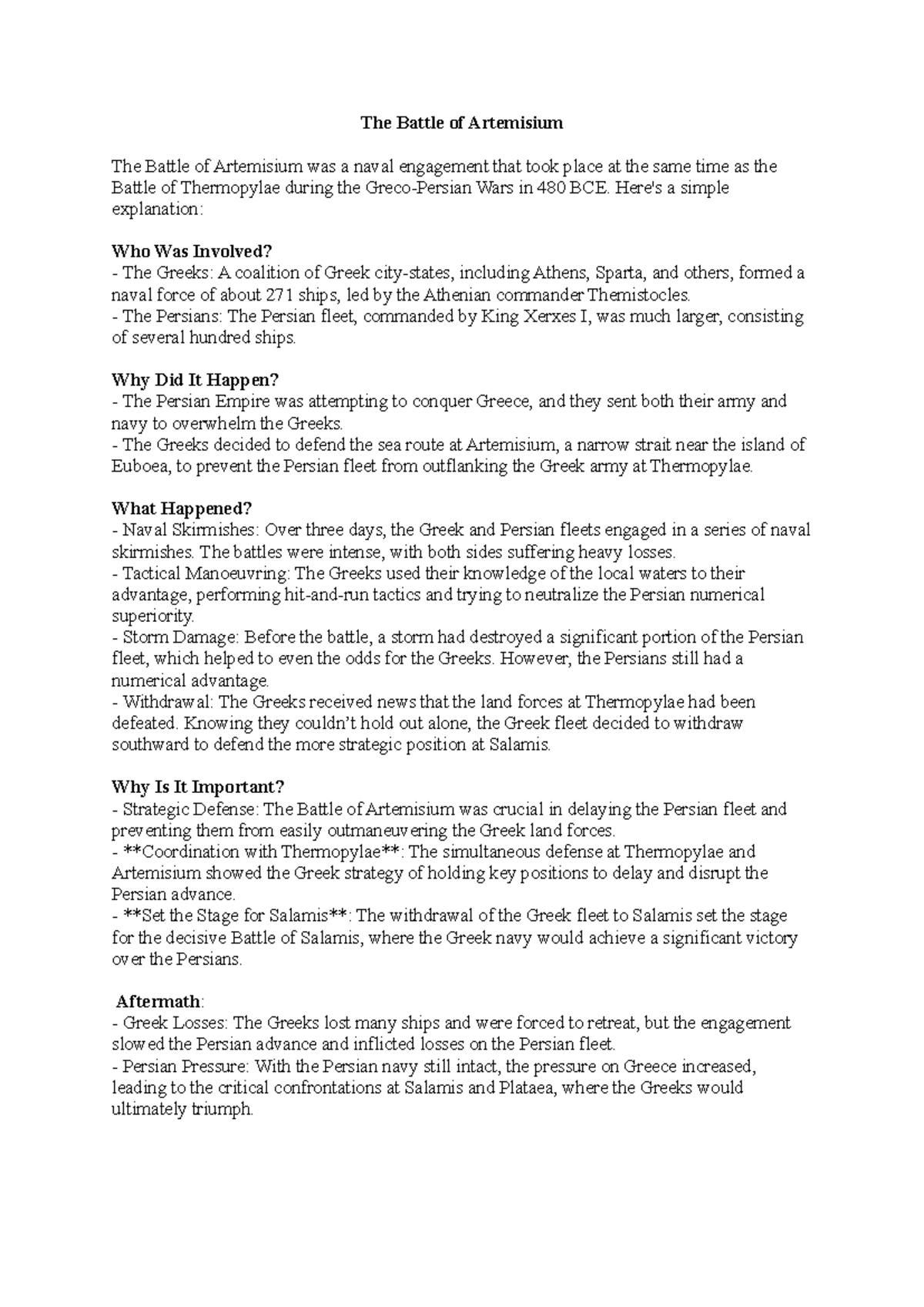 The Battle of Artemisium: Naval Engagement in 480 BCE - Studocu