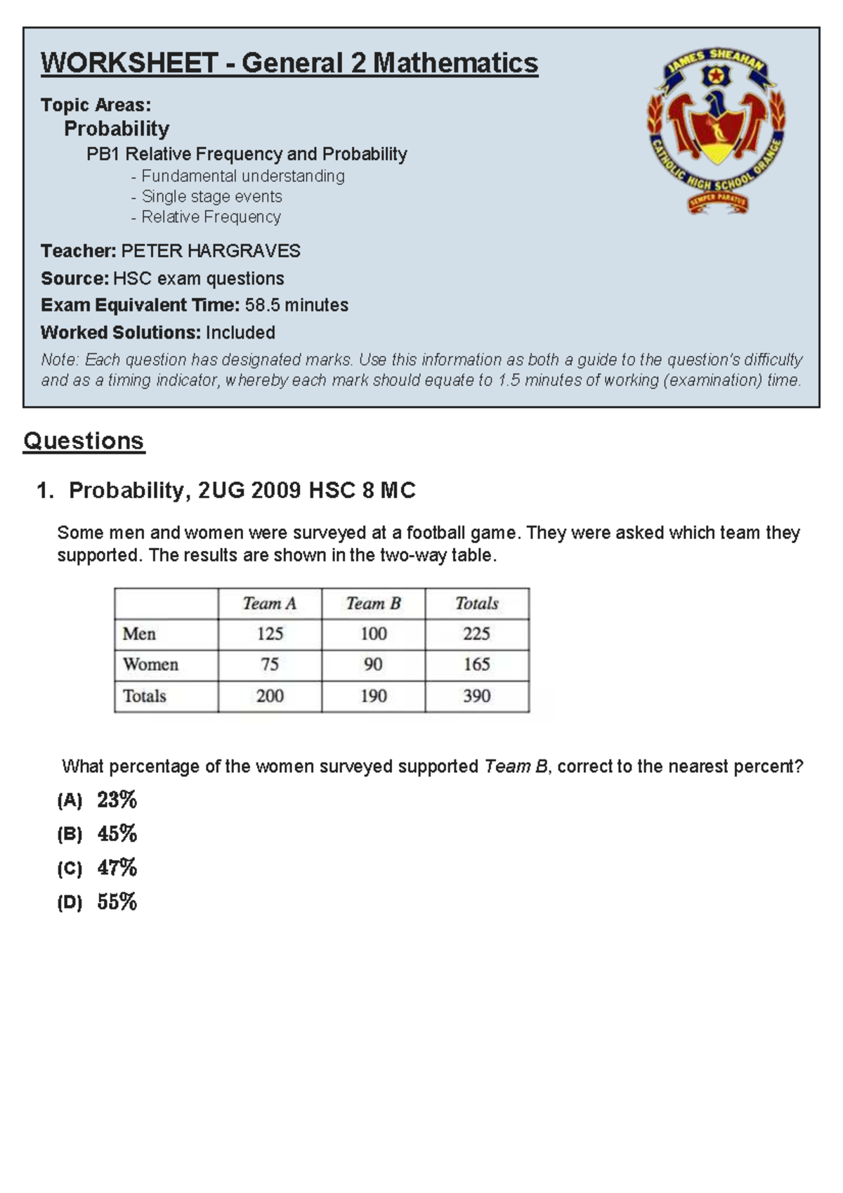 Probability Worksheet 2UG: HSC Exam Questions & Solutions - Studocu