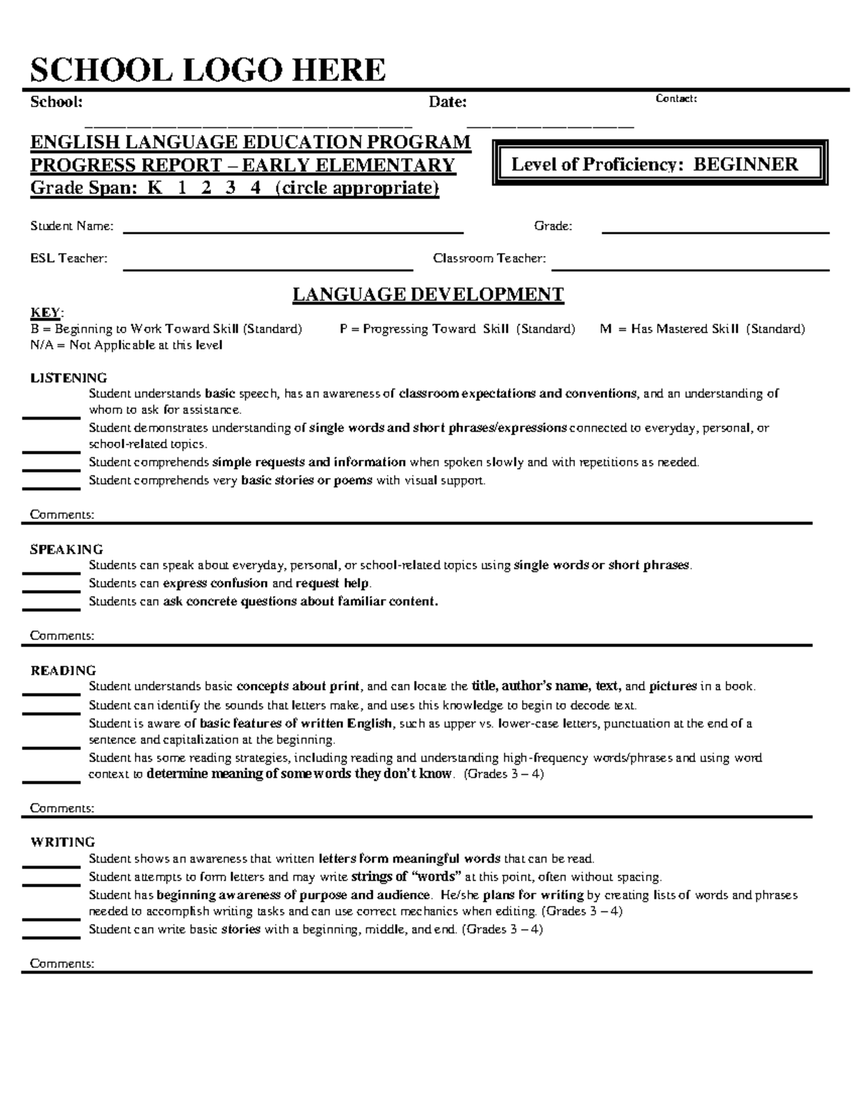 K-4 beginner esl report card english - SCHOOL LOGO HERE School: - Studocu