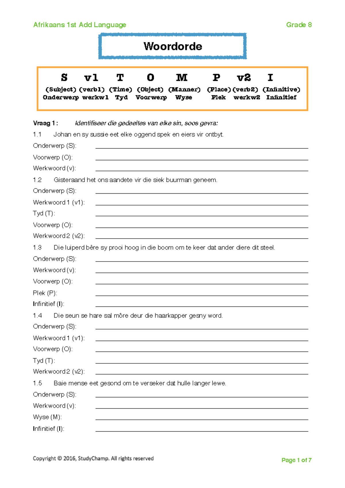 Worksheet for Stompi - Afrikaans FAL Exercises and Answers - Studocu
