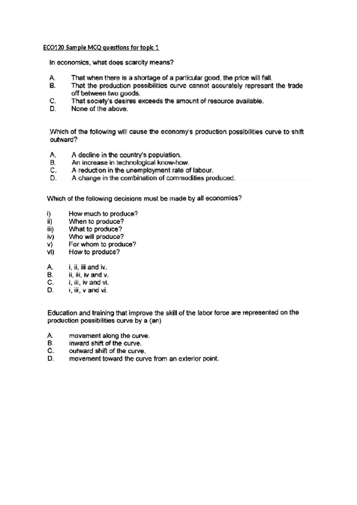 ECO415 Sample MCQ Questions on Scarcity and Economic Principles - Studocu