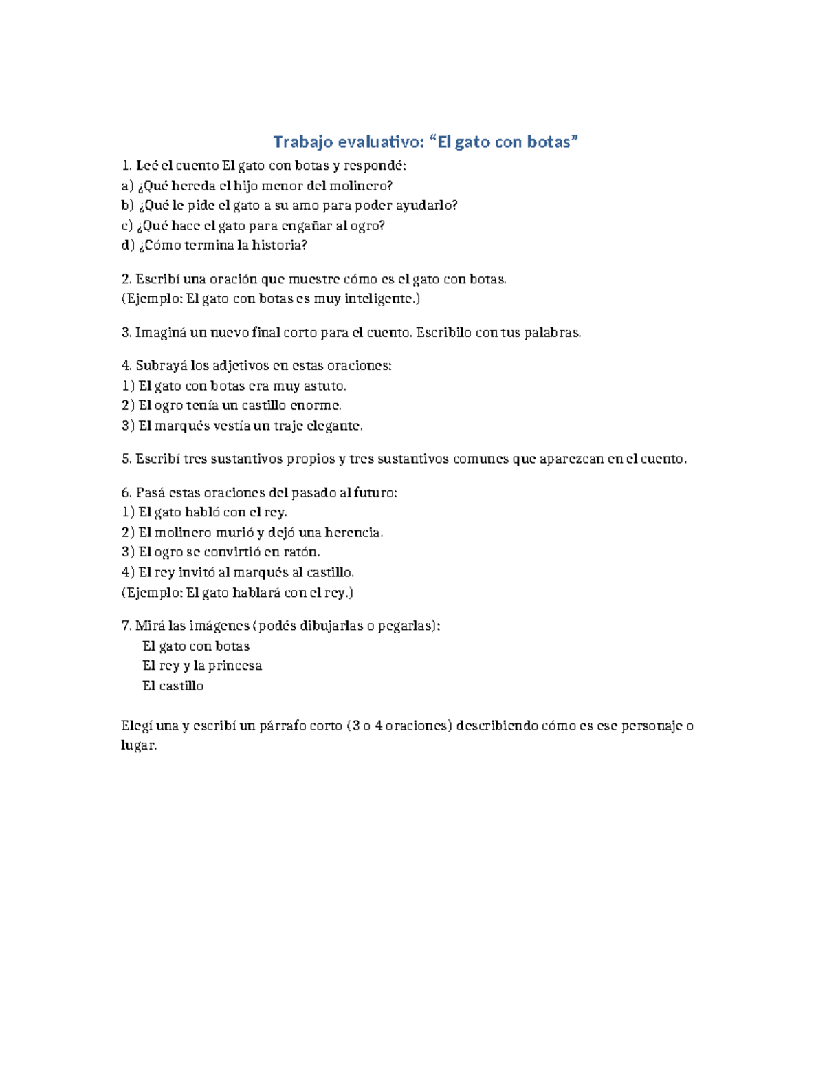 Trabajo Evaluativo: El Gato con Botas - Actividades y Preguntas - Studocu