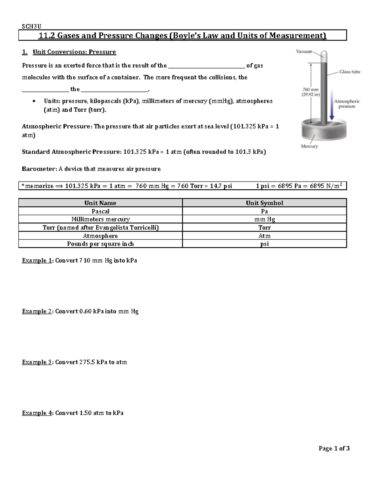 SCH3U Gases and Pressure Changes: Boyle's Law & Measurement Units - Studocu