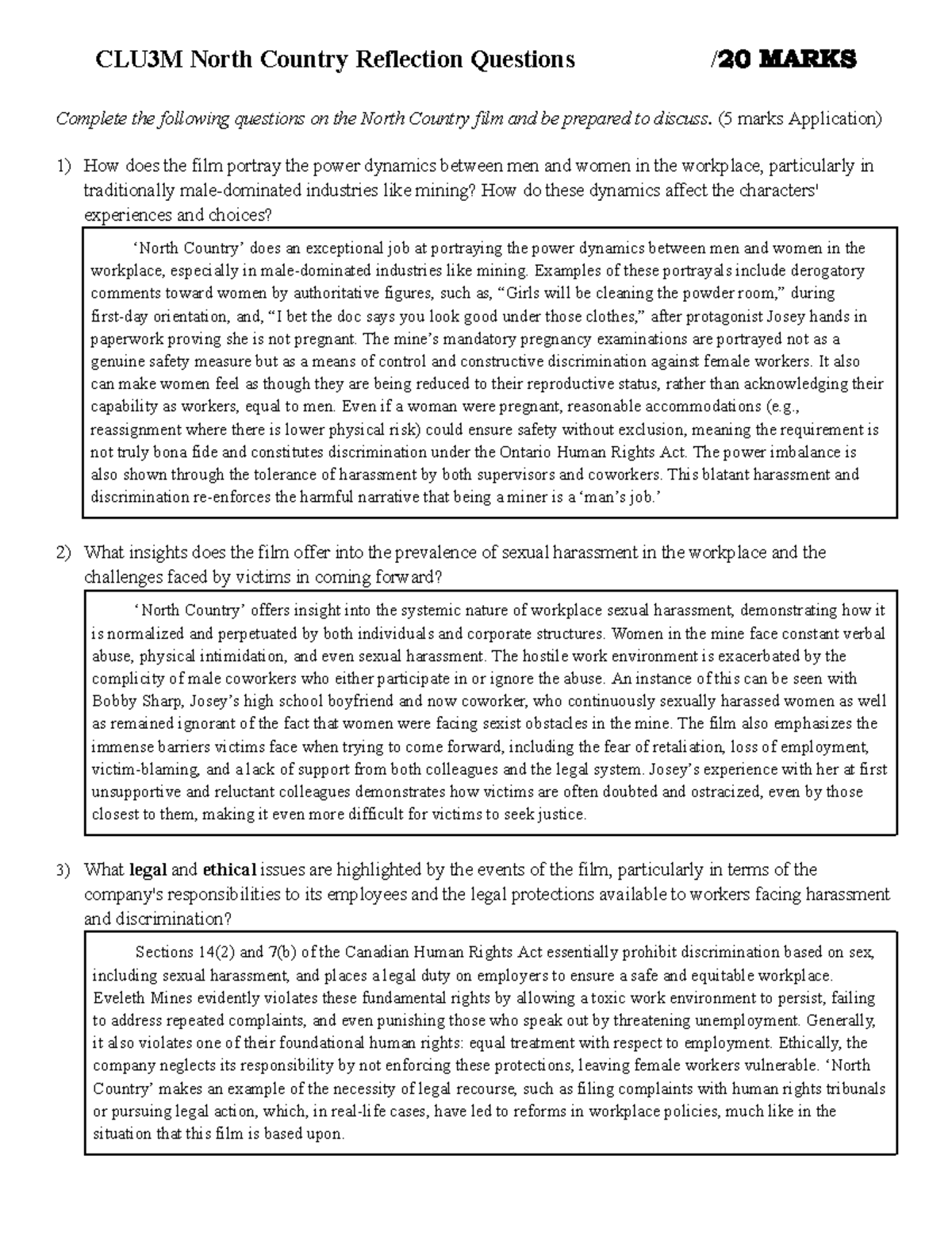 CLU3M North Country Film Reflection Questions and Analysis - Studocu