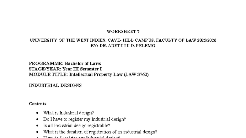 Worksheet 7: Industrial Designs in Intellectual Property Law (LAW 3760 ...