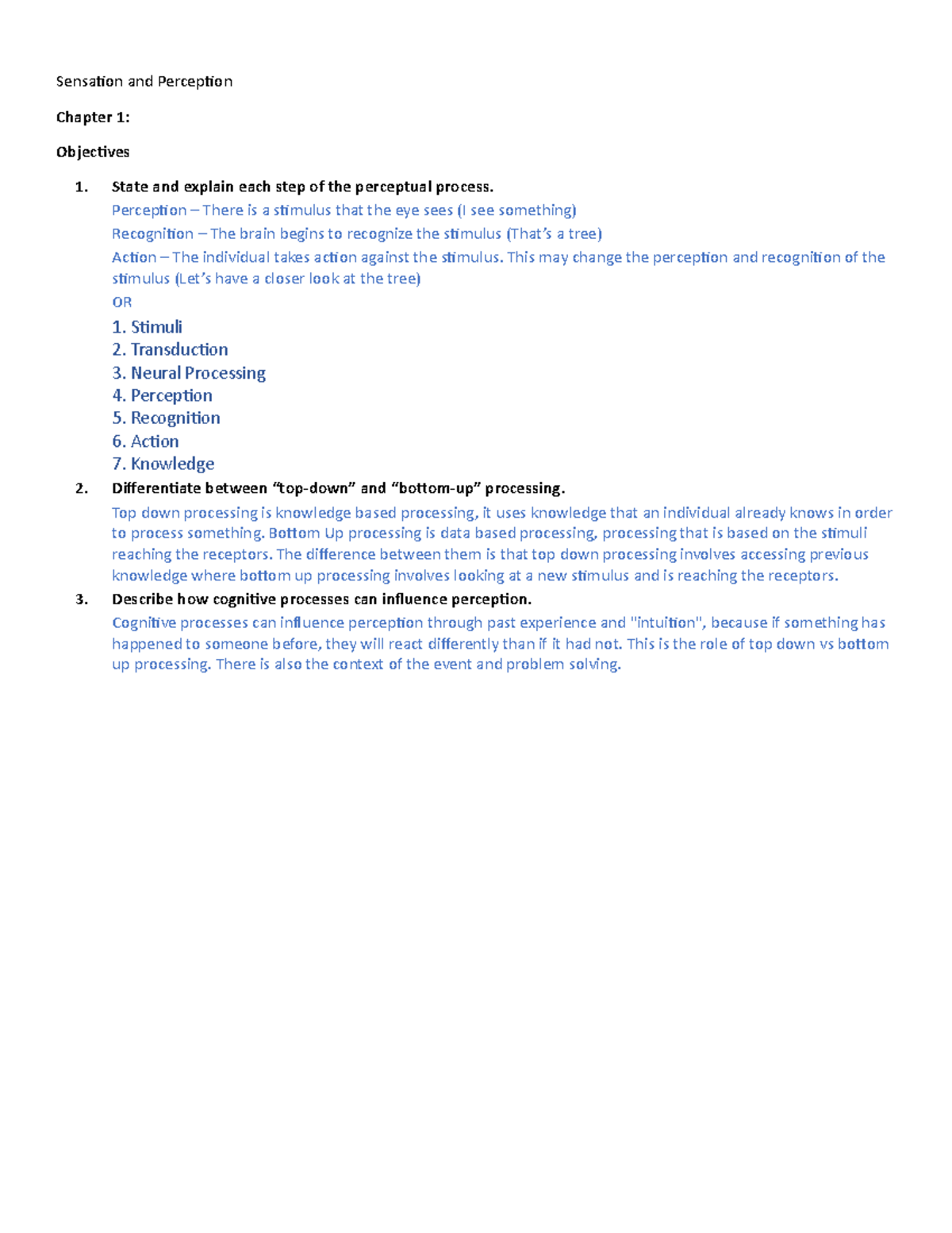 Sensation and Perception EXAM 1: Key Concepts and Objectives Review ...