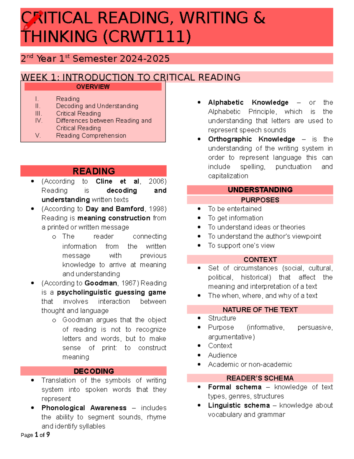 CRWT111: Critical Reading, Writing & Thinking - Week 1 Overview - Studocu