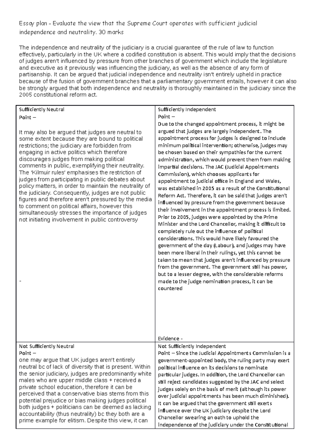 Essay Plan - Evaluating Judicial Neutrality & Independence in the UK ...
