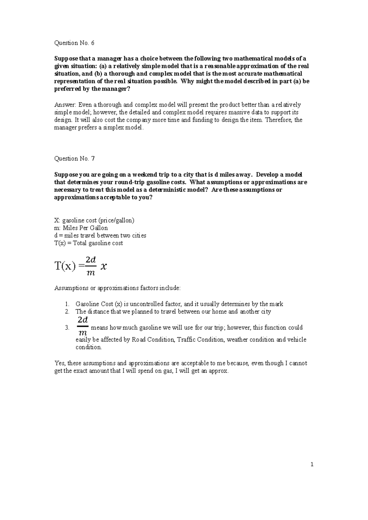 Mathematical Modeling Discussion #1: Simple vs Complex Models - Studocu