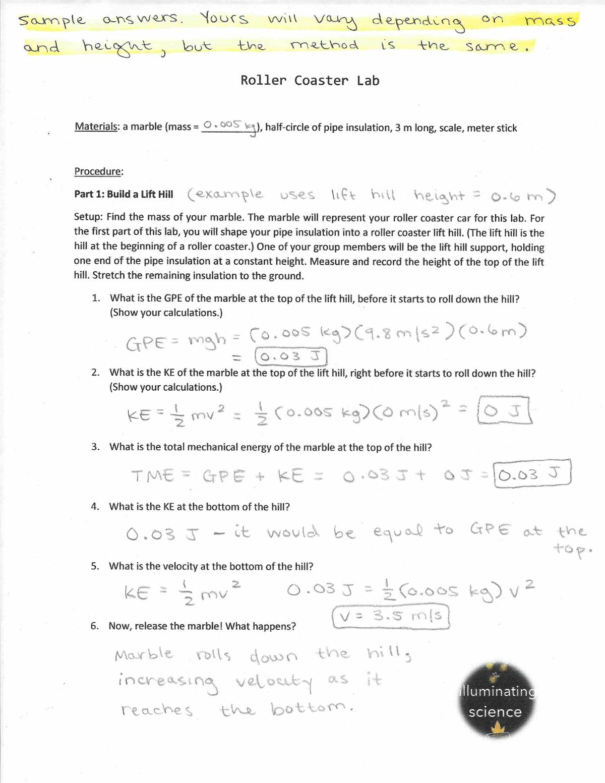 Roller Coaster Lab Answer Key (Physics 101) - Sample Responses and ...