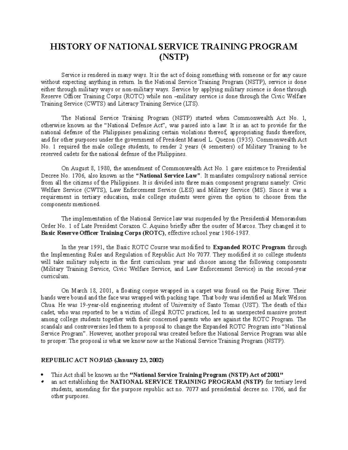 History of the National Service Training Program (NSTP) Overview - Studocu