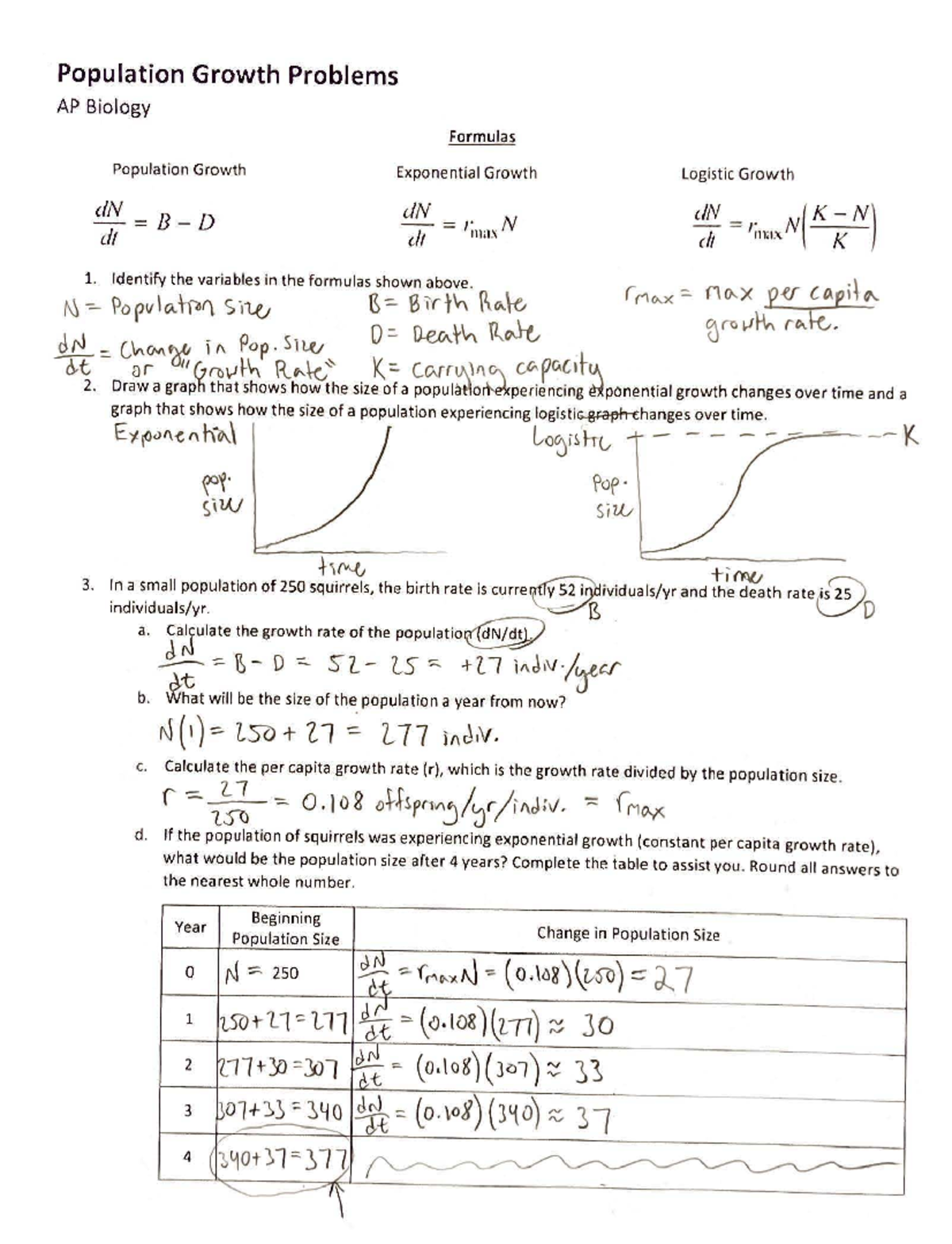 Population Growth WS KEY AP Biology: Formulas & Calculations - Studocu