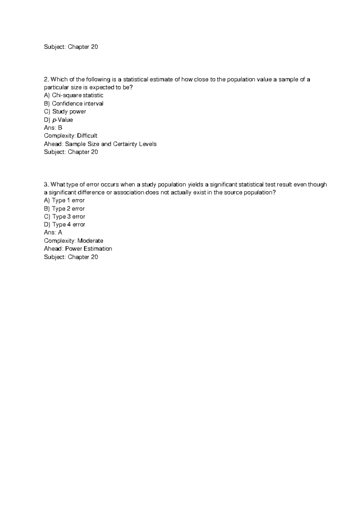 Chapter 20 Quiz: Statistical Estimates & Errors in Health Research ...