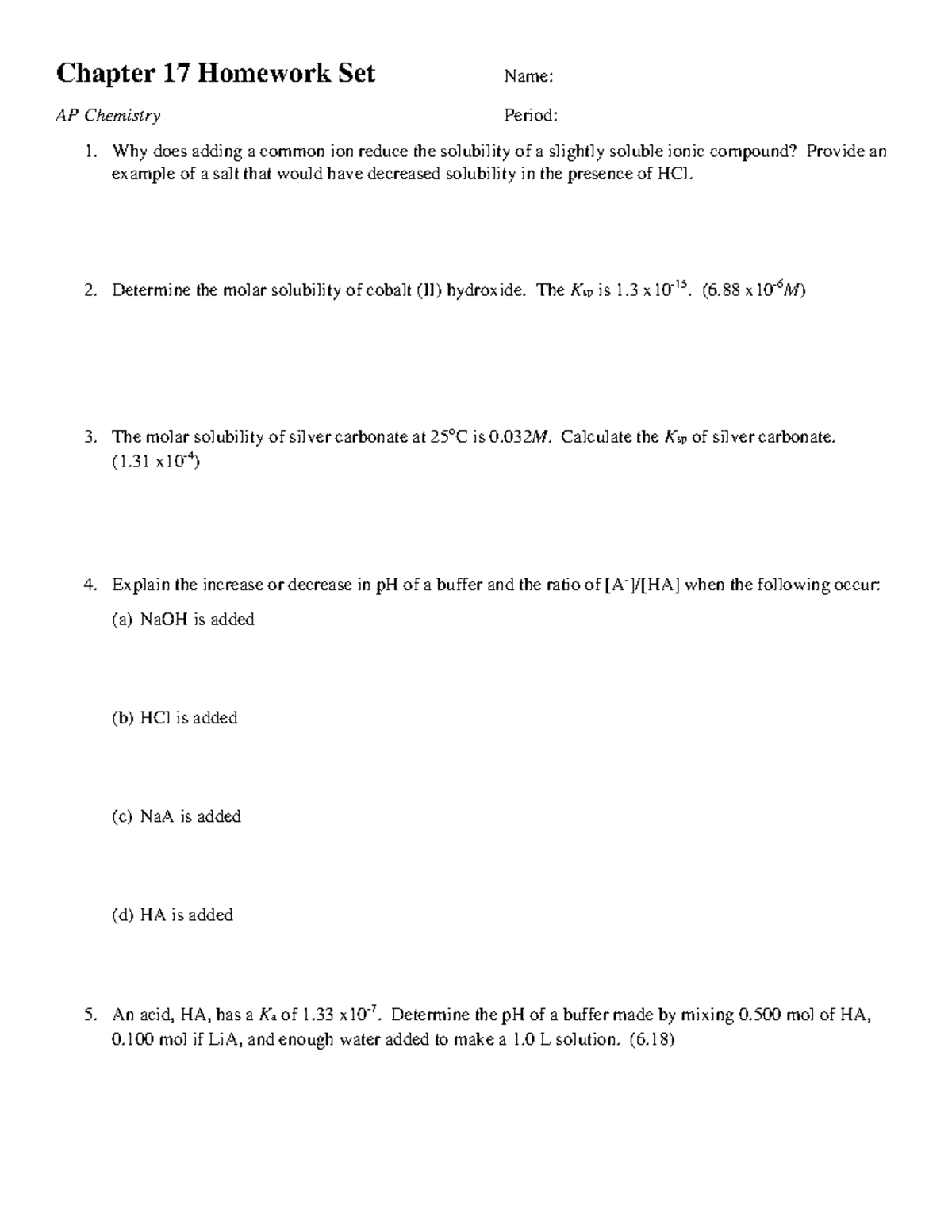 AP Chemistry - Chapter 17 Homework Set Analysis and Solutions - Studocu