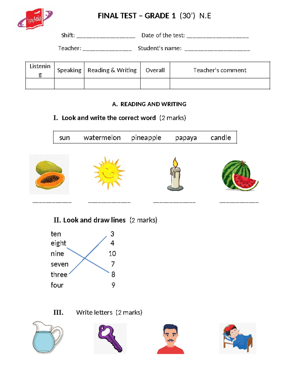 Final Test Grade 1 N E Shift Listening And Reading Assessment Studocu