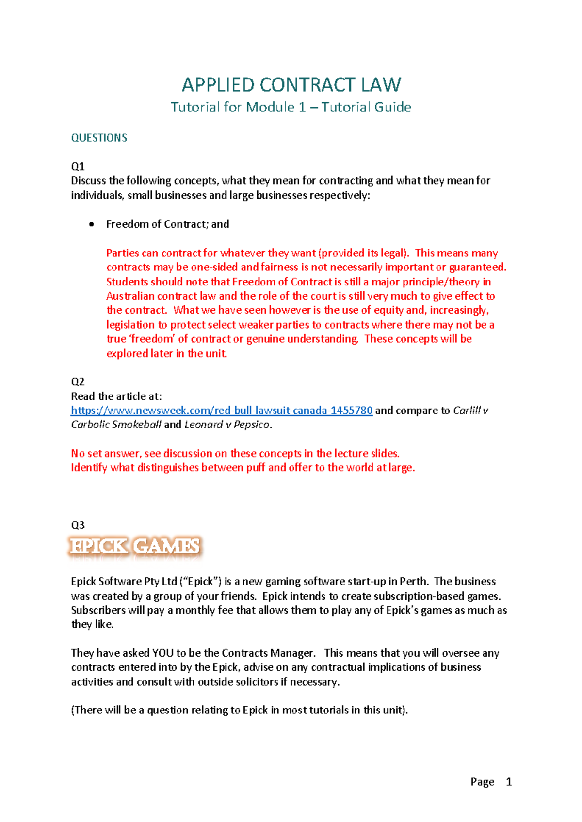 Module 1 - Tutorial Guide - APPLIED CONTRACT LAW Tutorial for Module 1 ...
