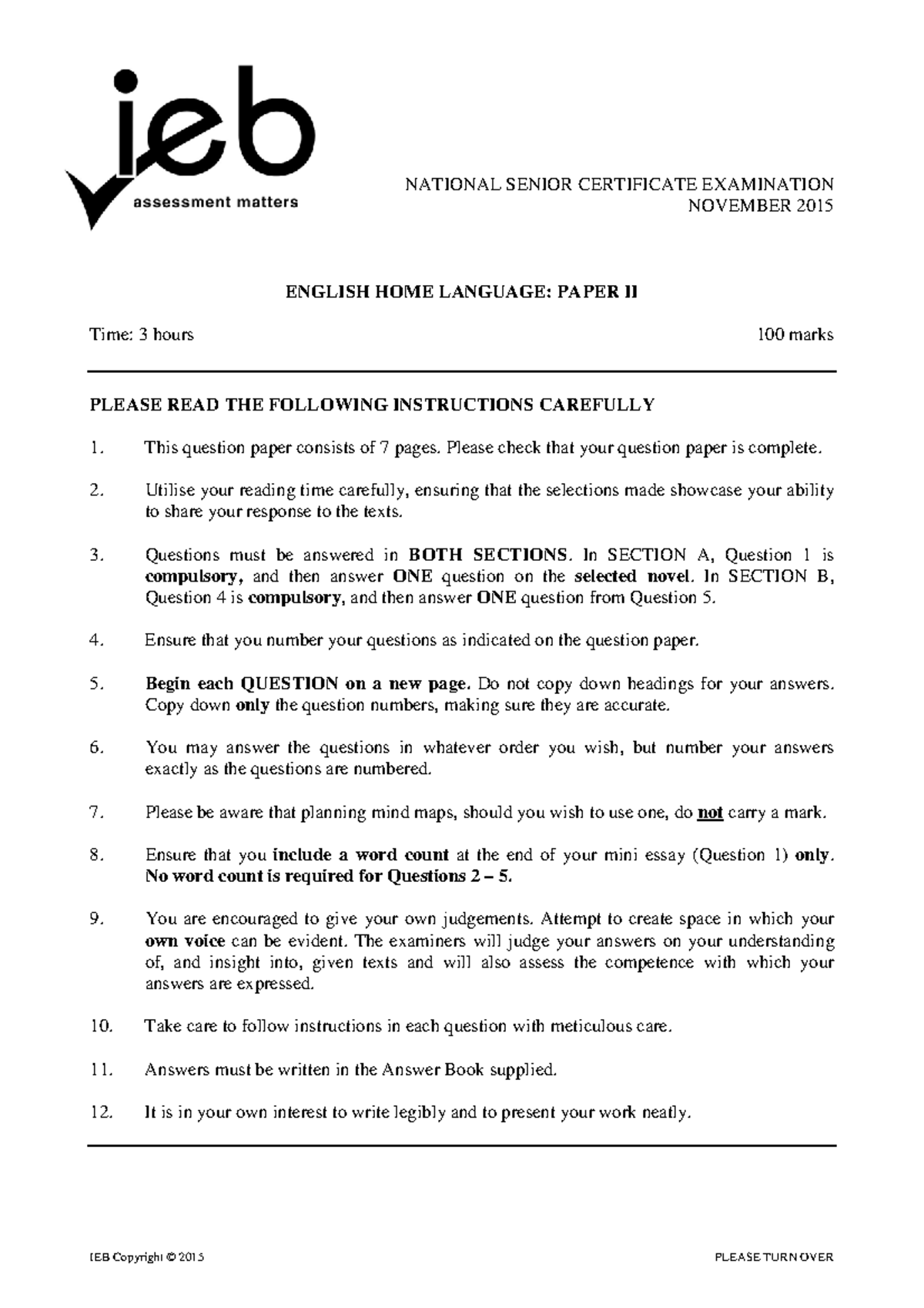 IEB English Home Language: November 2015 Exam Paper II - Studocu