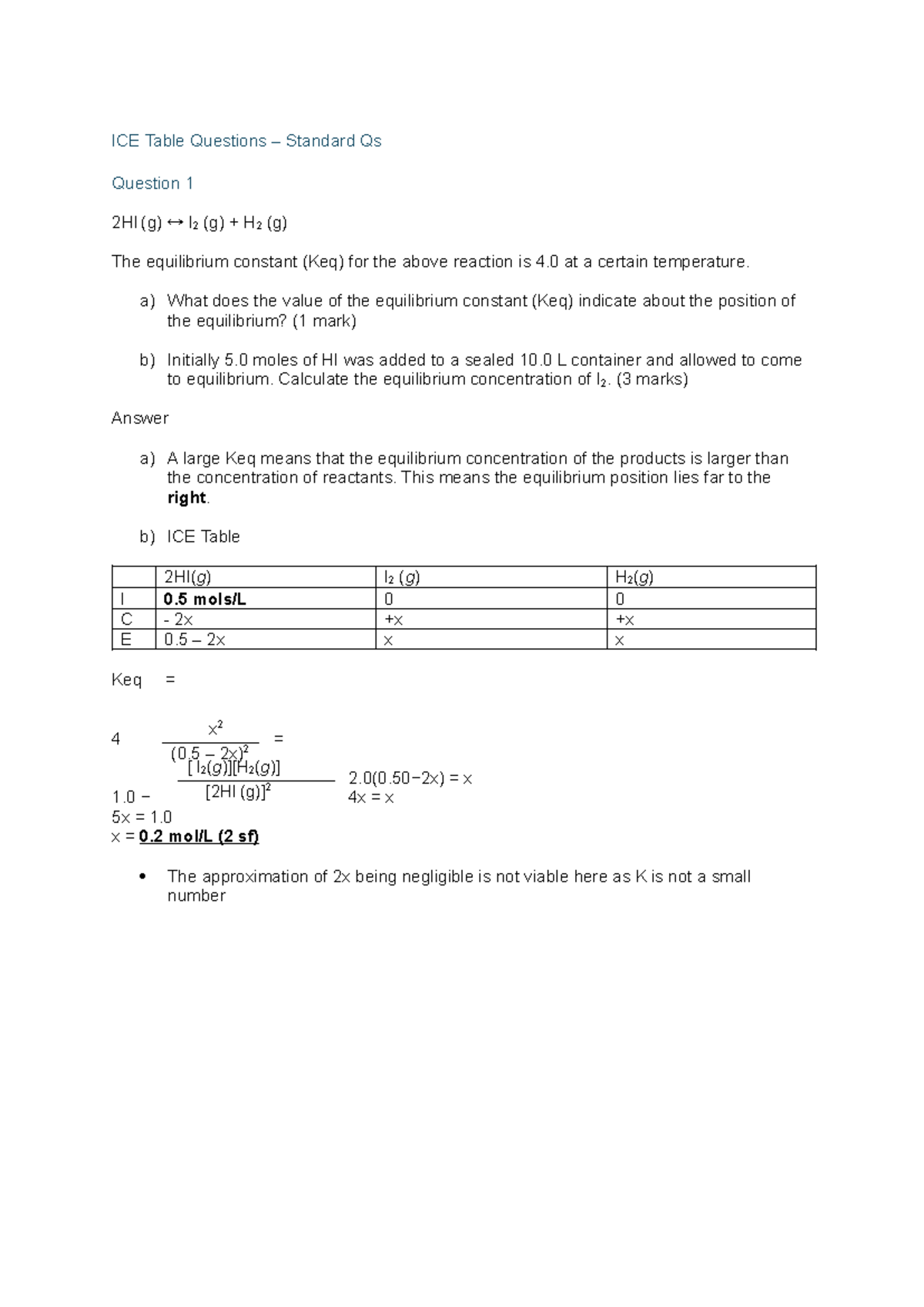 ICE Table Questions on Equilibrium Constants (Keq) and Calculations ...