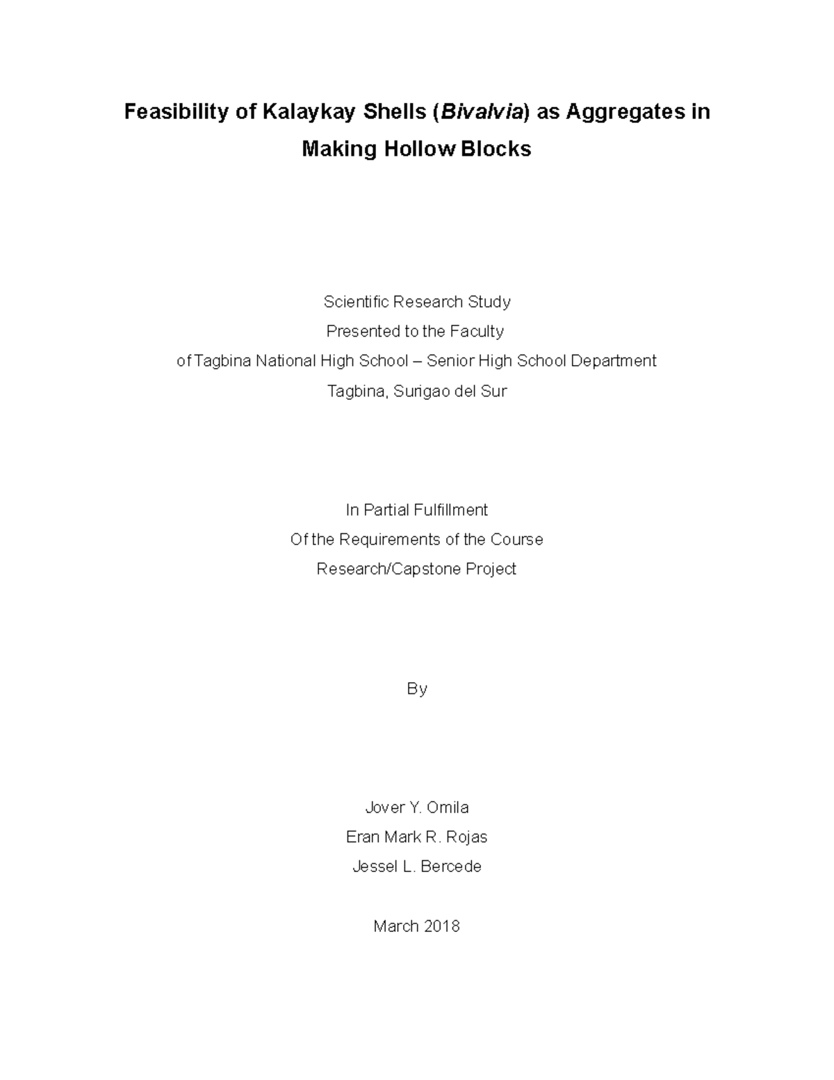 Front page - cover - Feasibility of Kalaykay Shells ( Bivalvia ) as ...