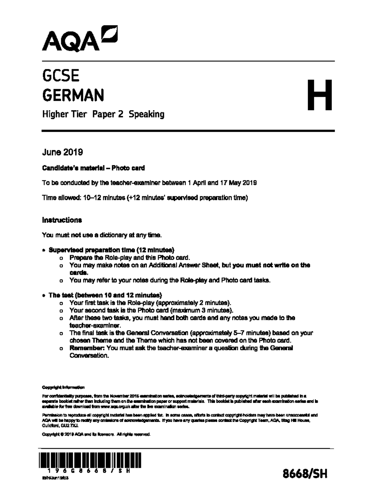 AQA GCSE GERMAN H Higher Tier Paper 2 Speaking Photo Card Guide - June ...