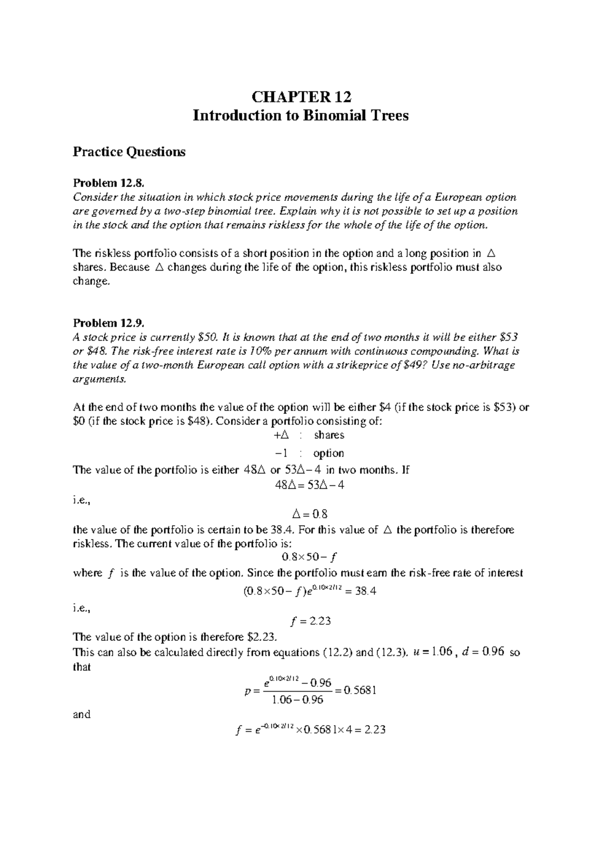 Chapter 12 Problem Solutions: Binomial Trees and Options Analysis - Studocu