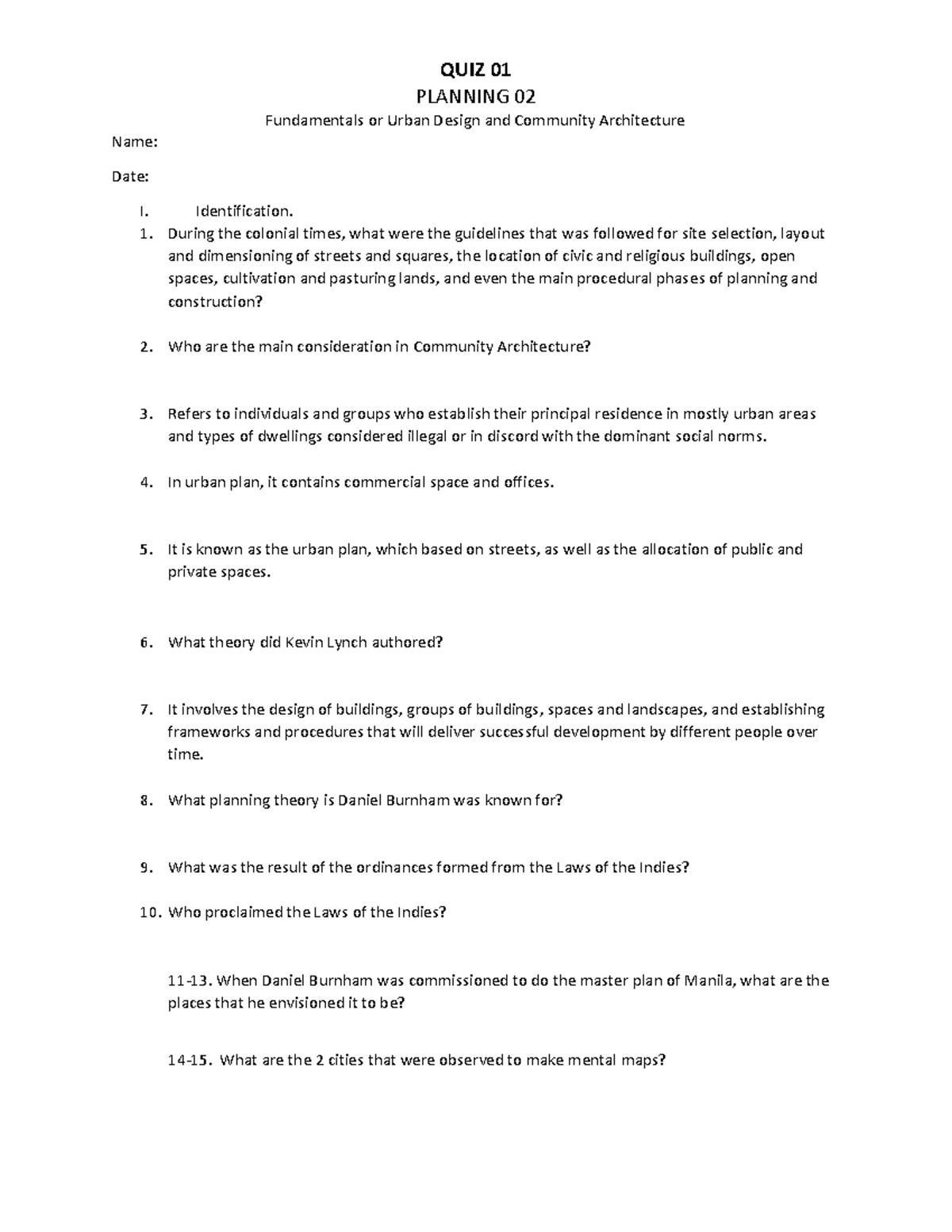 Quiz 01: Planning Fundamentals in Urban Design & Community Architecture ...