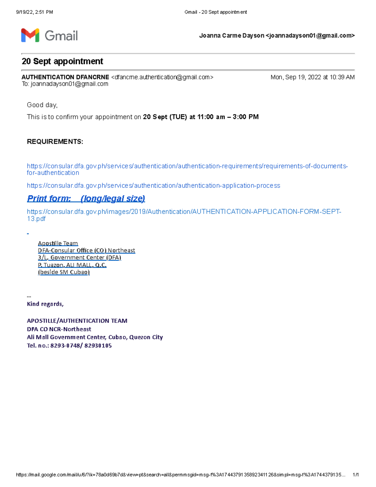 DFA Apostille Appointment Confirmation - 9/19/22, 2:51 PM Gmail - 20 ...