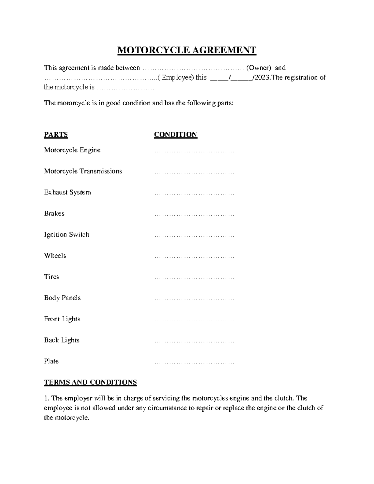 Motorcycle Agreement: Terms, Conditions & Parts Overview 2023 - Studocu