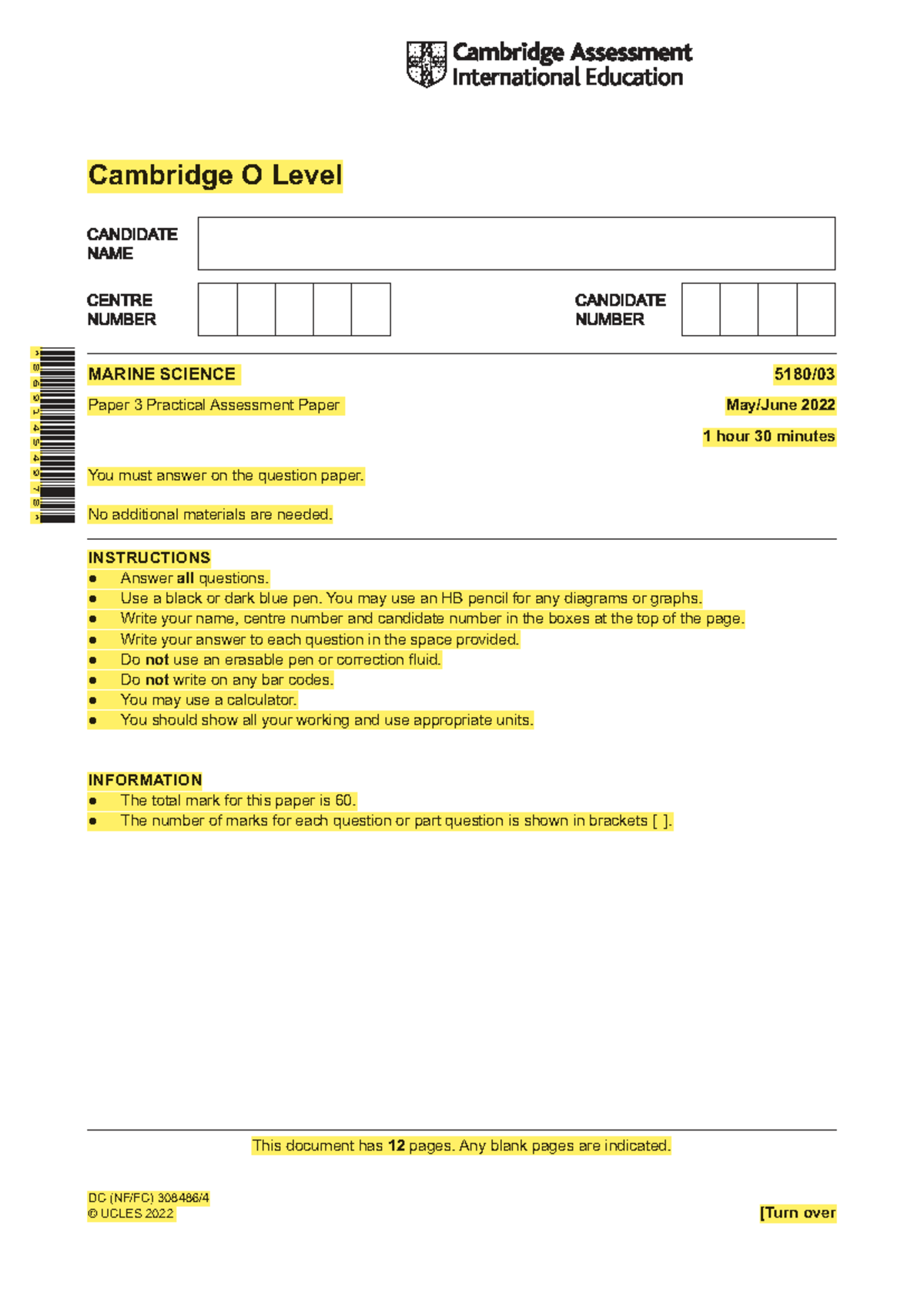Cambridge O Level 8691 Marine Science Paper 3 Practical Assessment 2022 ...