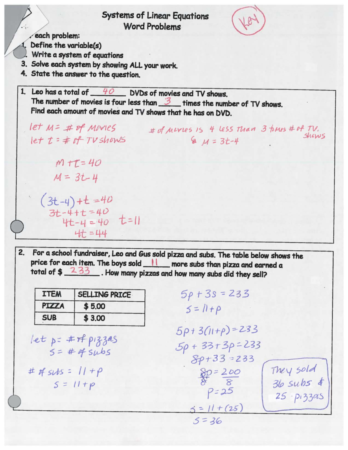 BH Algebra: Systems of Linear Equations Word Problems Key - Studocu