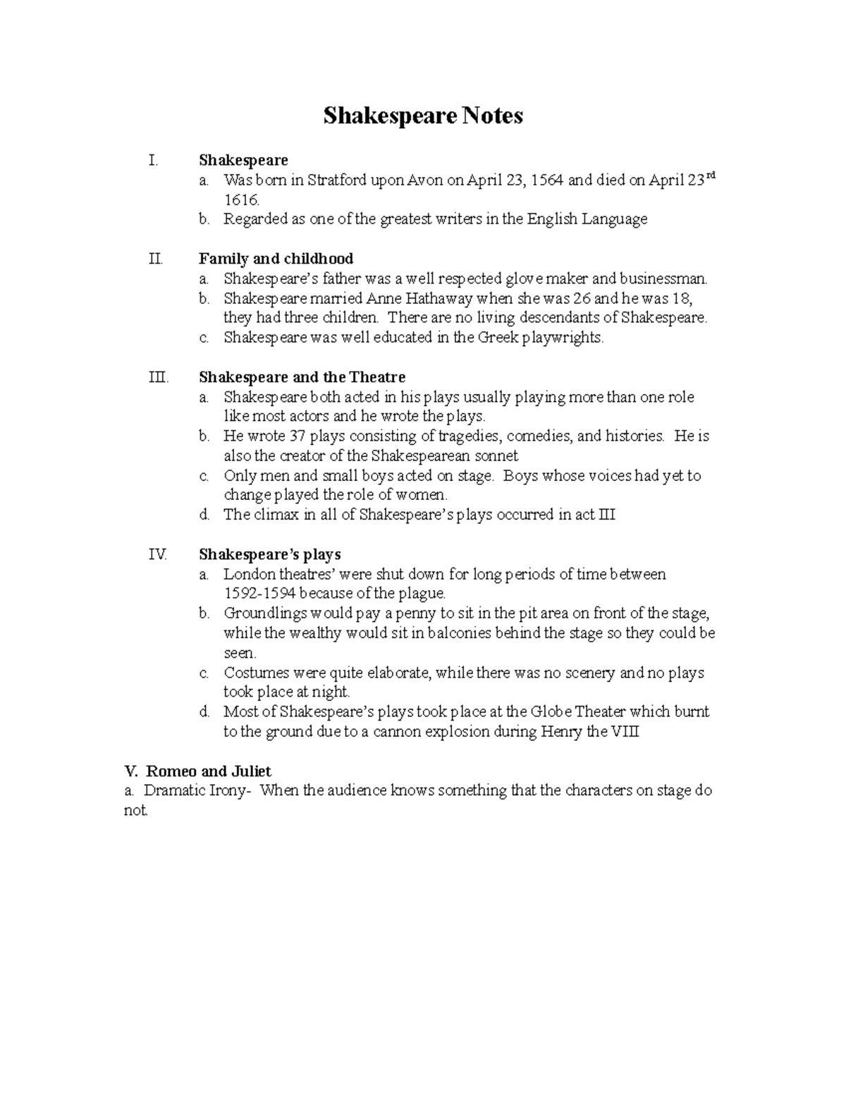 Shakespeare Notes - work - Shakespeare Notes I. Shakespeare a. Was born ...