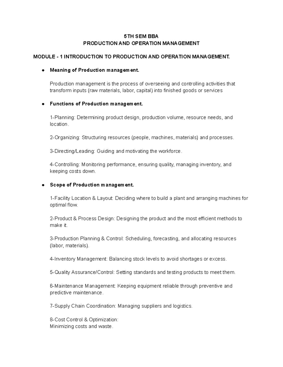 BBA 5TH SEM: Intro to Production & Operation Management Module 1 - Studocu