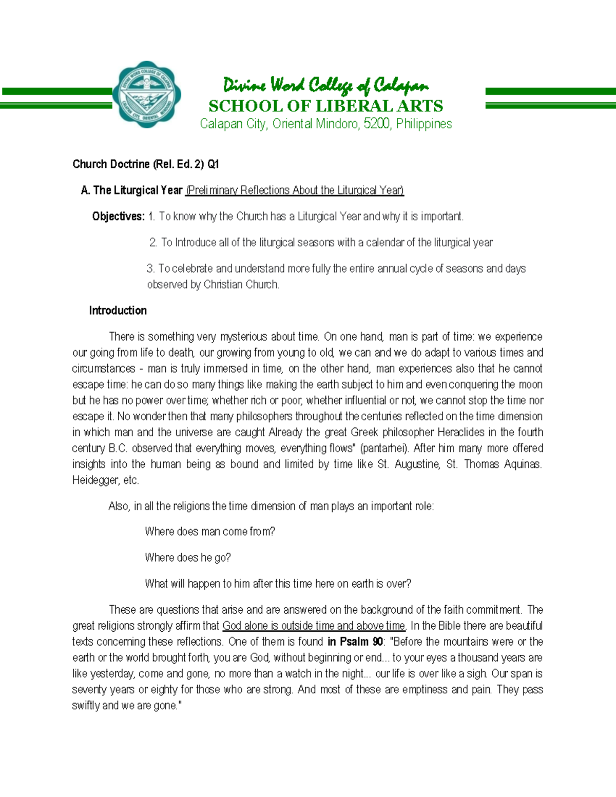 CD-Module 1 Q1 - The Liturgical Year: Understanding Time in Church ...