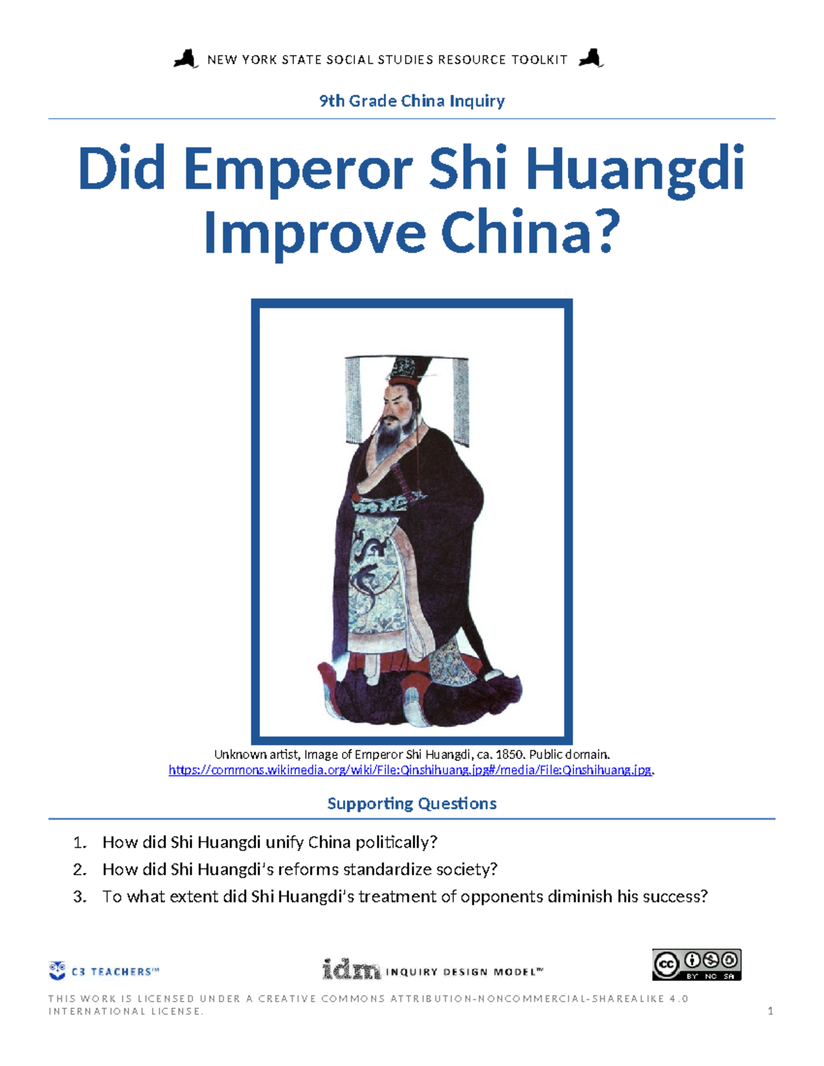 NY 9th Grade Social Studies Toolkit: Inquiry on Emperor Shi Huangdi ...