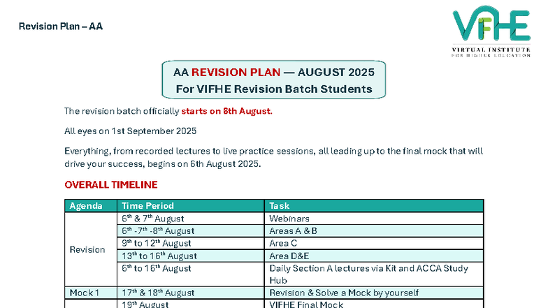 AA REVISION PLAN FOR VIFHE STUDENTS - AUGUST 2025 - Studocu