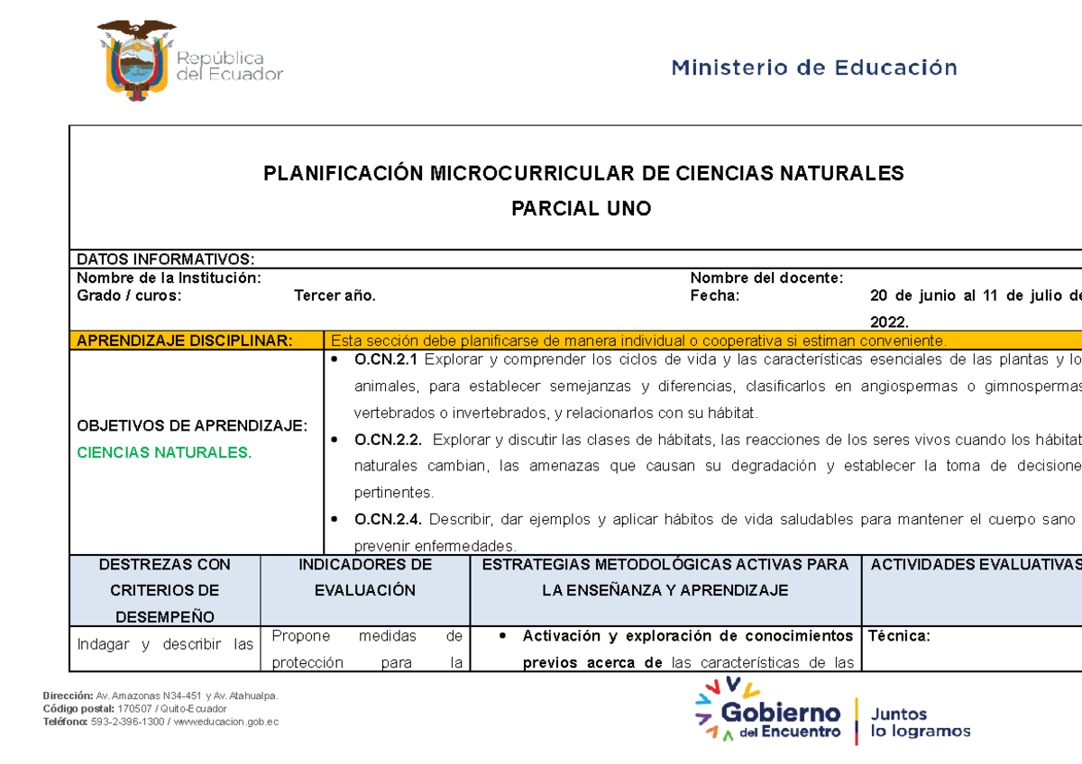 3ERO- Micro - CCNN - PUD 3 - PLANIFICACIÓN MICROCURRICULAR DE CIENCIAS NATURALES PARCIAL UNO ...