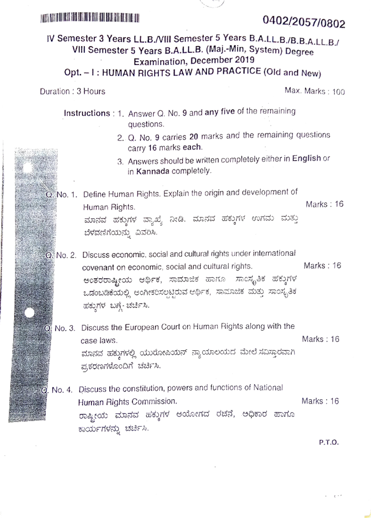 Human Rights Question Papers - 0402/2057/ IV Semester 3 YearsLL.B ...