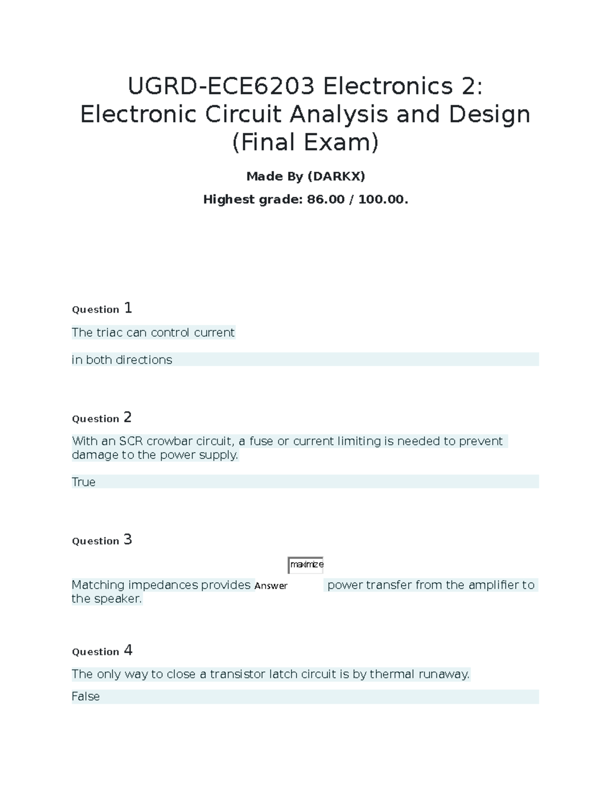 Electronics 2 UGRD-ECE6203 Final Exam Study Guide - Studocu