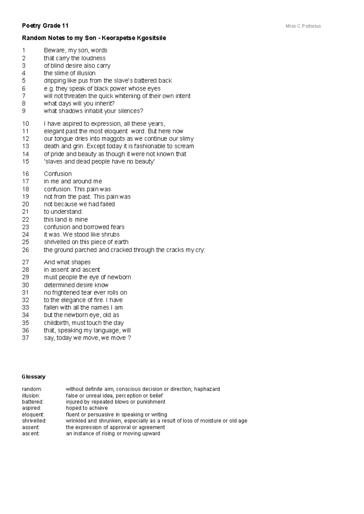 Grade 11 Poetry Analysis: "Random Notes to My Son" by Kgositsile - Studocu