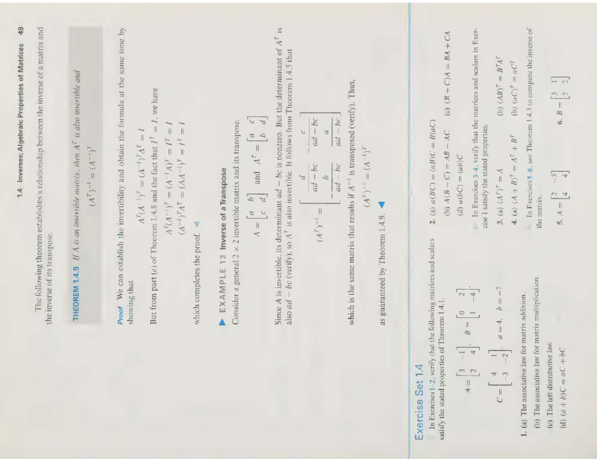 1.4 Algebraic Properties of Matrices: Inverses and Elementary Matrices ...