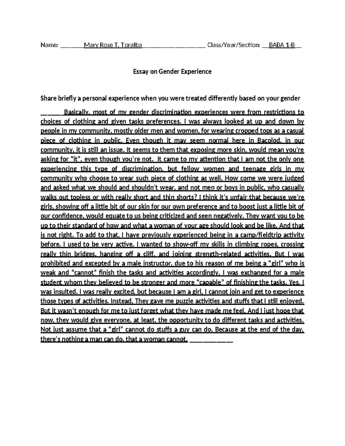 BABA Essay on Gender Experience: Personal Reflections on Discrimination ...