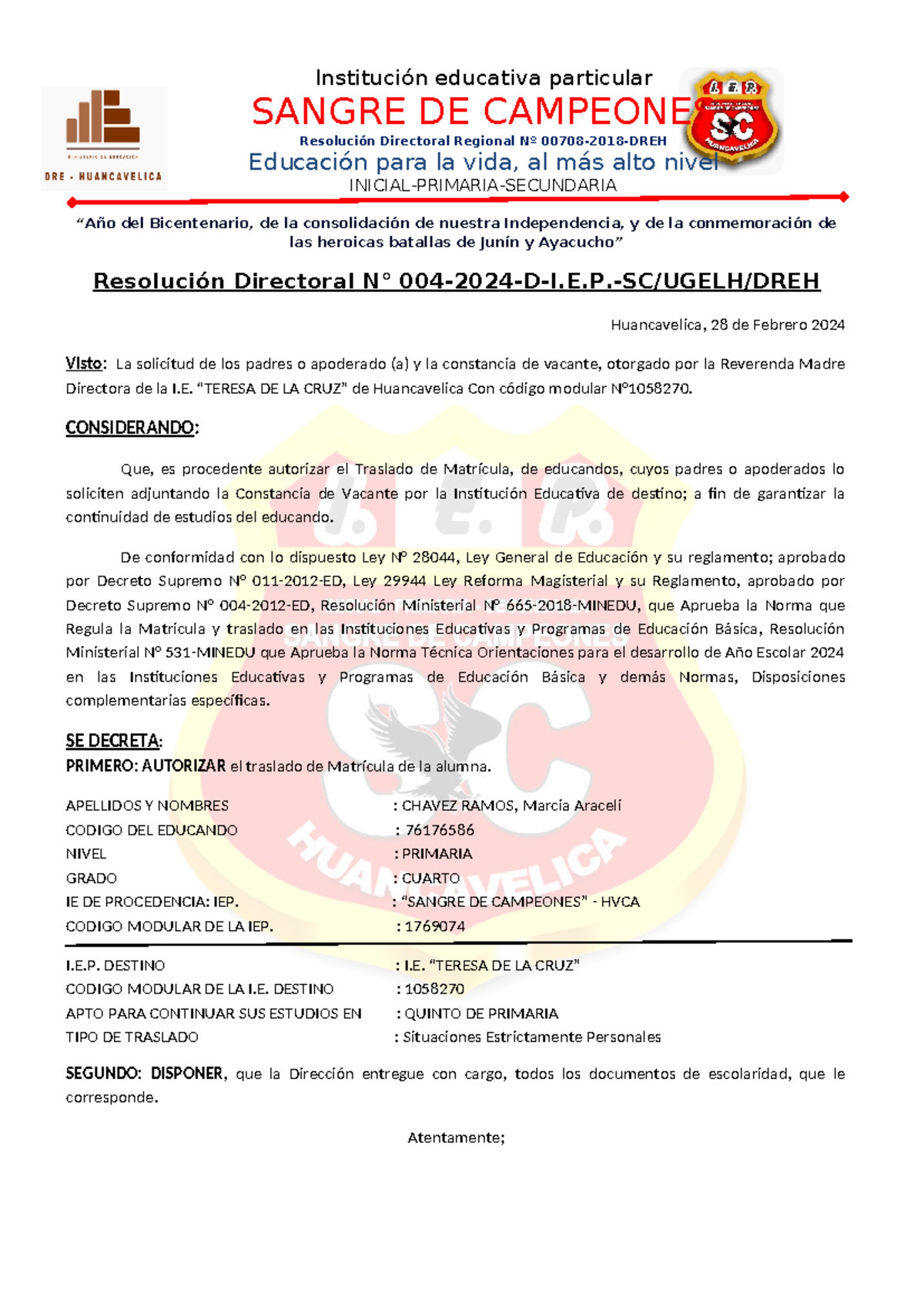 Resolución de Traslado de Matrícula 2024 - I.E. SANGRE DE CAMPEONES ...