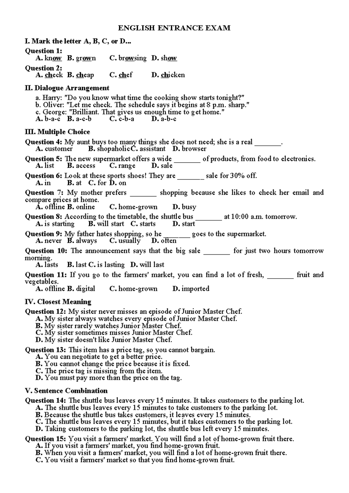 E8 - English Entrance Exam I: Multiple Choice & Dialogue Arrangement ...