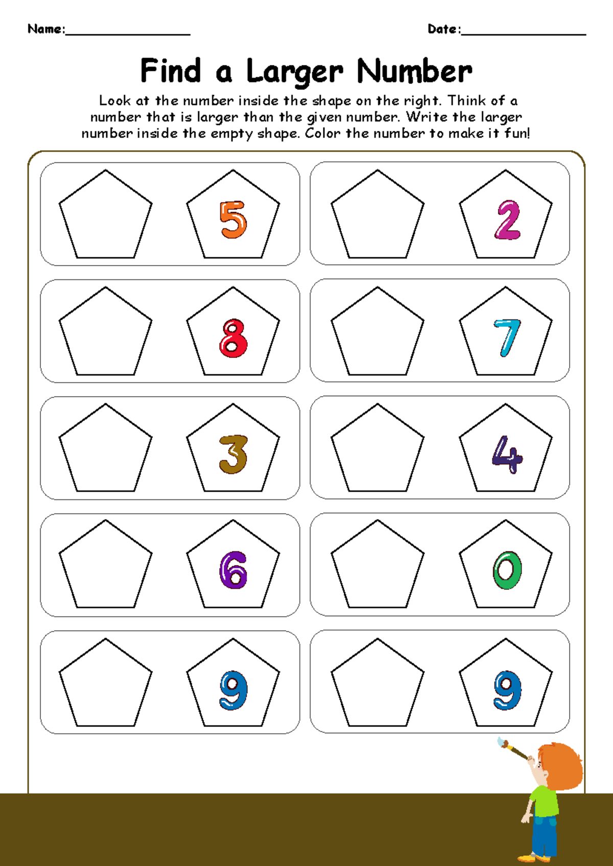 Find a Larger Number - Kindergarten Worksheet - Name: Date: Find a ...